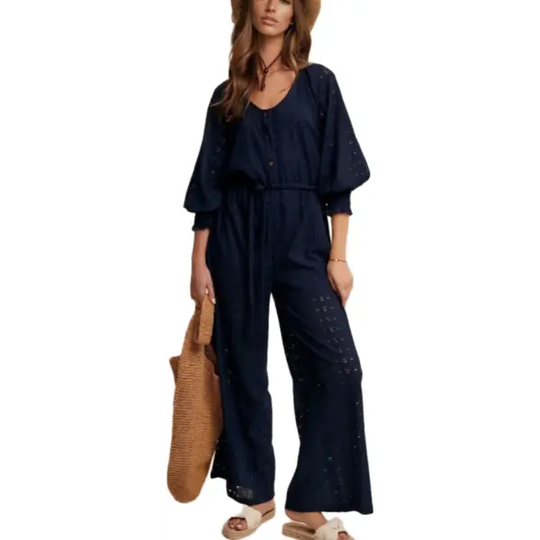 KNIT & LOUNGE Eyelet Wide-leg Jumpsuit With Adjustable Waist - Navy Eyelet