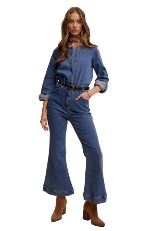 KNIT & LOUNGE Denim Button-front Flare Jumpsuit