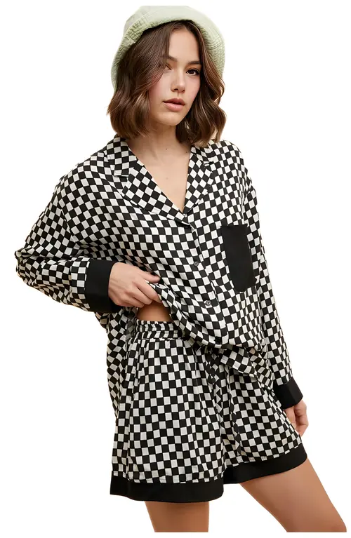 KNIT & LOUNGE Print Button-up Pajama Set - Checkerboard