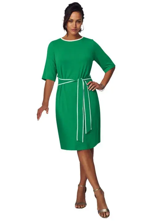 JESSICA LONDON Tie Waist Boatneck Dress - Kelly Green White