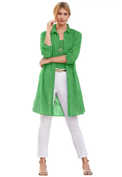 JESSICA LONDON Eyelet Tunic Shirt - Grass