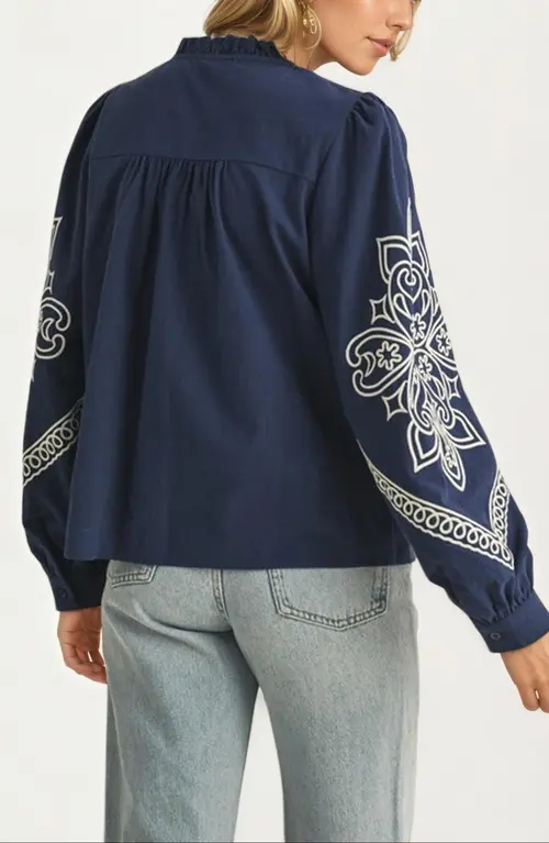 KNIT & LOUNGE Embroidered Puff-sleeve Blouse