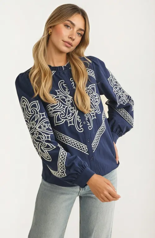 KNIT & LOUNGE Embroidered Puff-sleeve Blouse