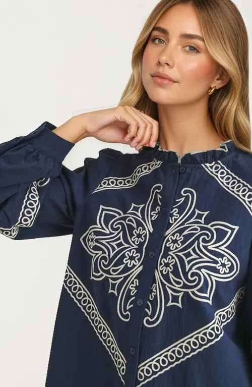 KNIT & LOUNGE Embroidered Puff-sleeve Blouse