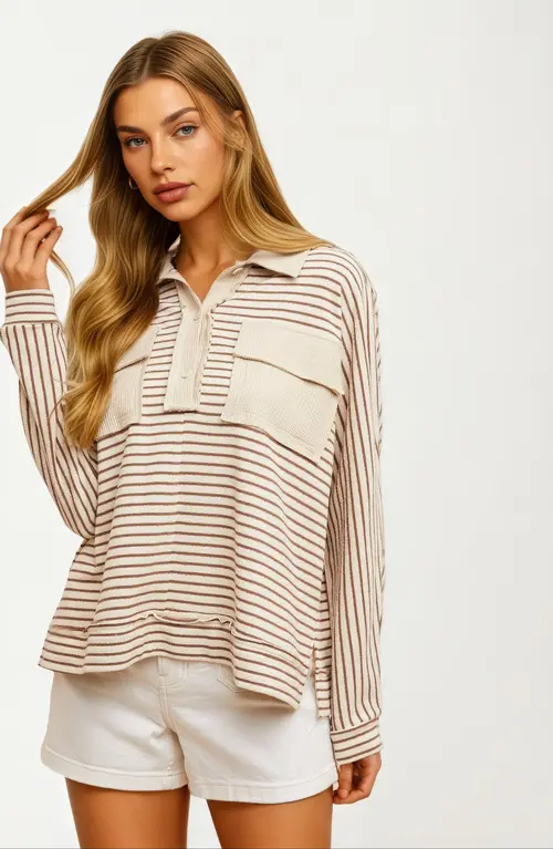 KNIT & LOUNGE Striped Waffle Knit Pullover