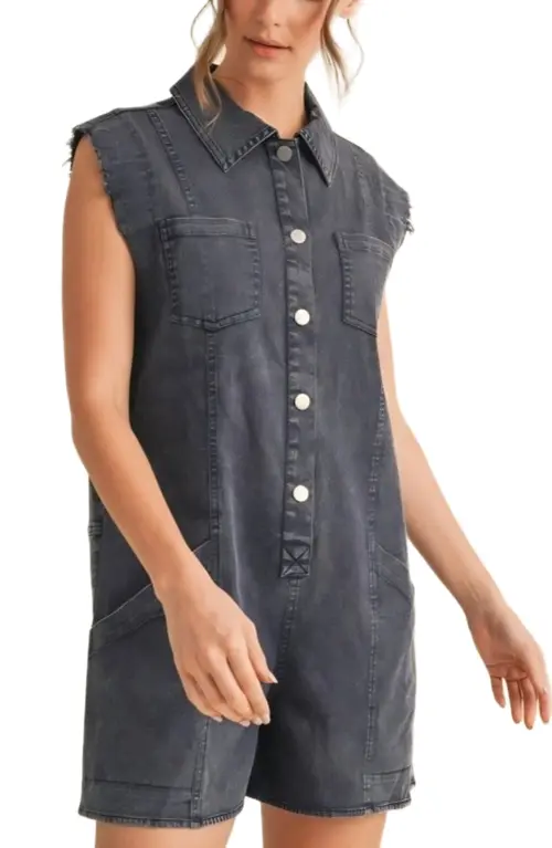 KNIT & LOUNGE Sleeveless Denim Romper With Pockets - Dark Wash Denim