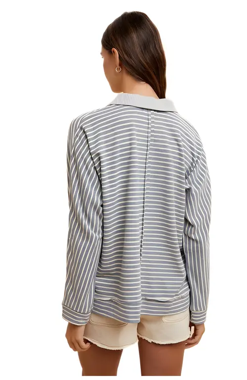 KNIT & LOUNGE Striped Button Top With Patch Pockets