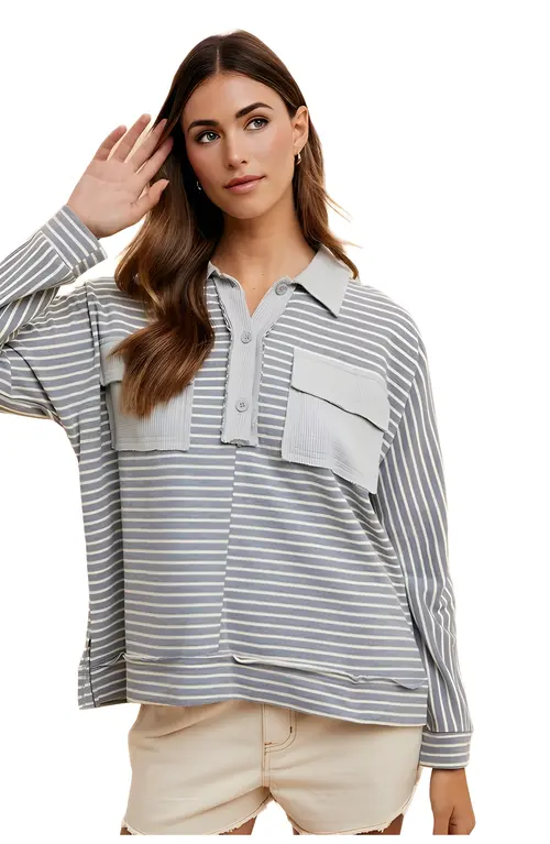 KNIT & LOUNGE Striped Button Top With Patch Pockets