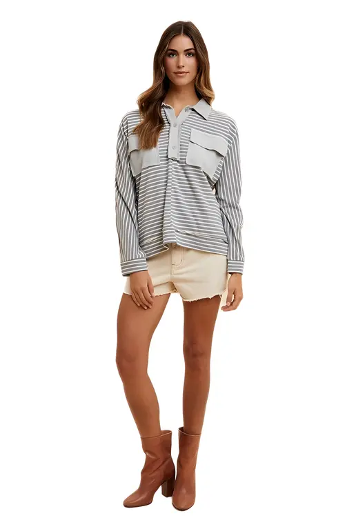 KNIT & LOUNGE Striped Button Top With Patch Pockets