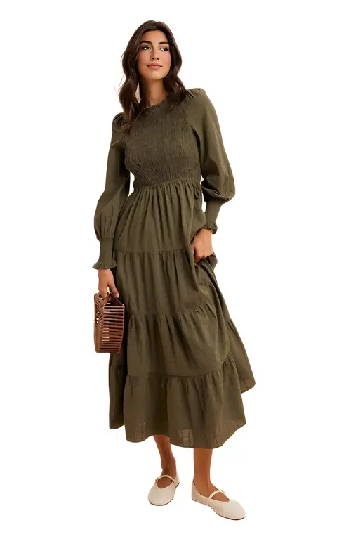 Knit & Lounge Smocked Tiered Long Sleeve Maxi Dress In Olive Green - 58%  Off | Editorialist