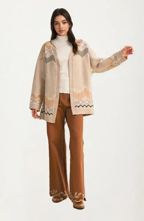 KNIT & LOUNGE Geometric Knit Cardigan With Scallop Trim