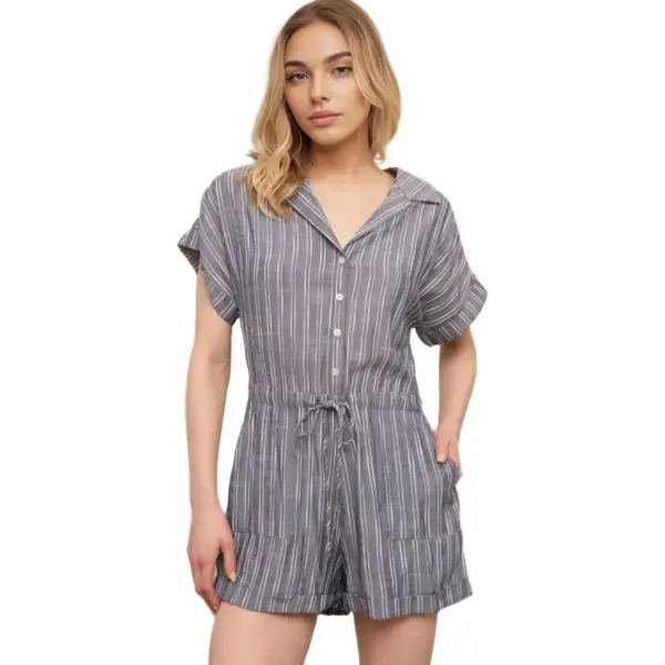KNIT & LOUNGE Striped Button-front Romper - Slate Blue