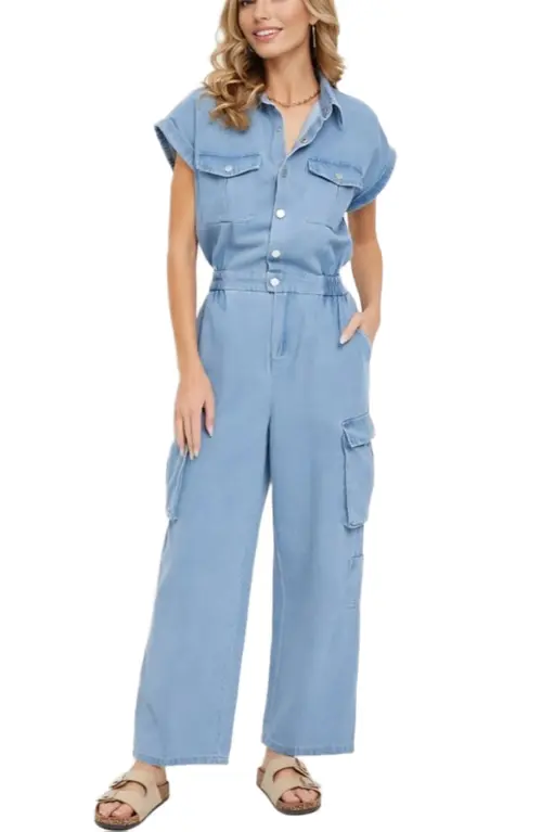 KNIT & LOUNGE Utility Pocket Button-down Jumpsuit - Washed Blue