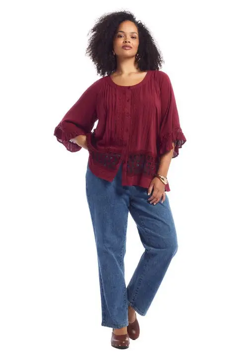 JUNE & VIE June + Vie Lace Trimmed Boho Blouse - Cabernet