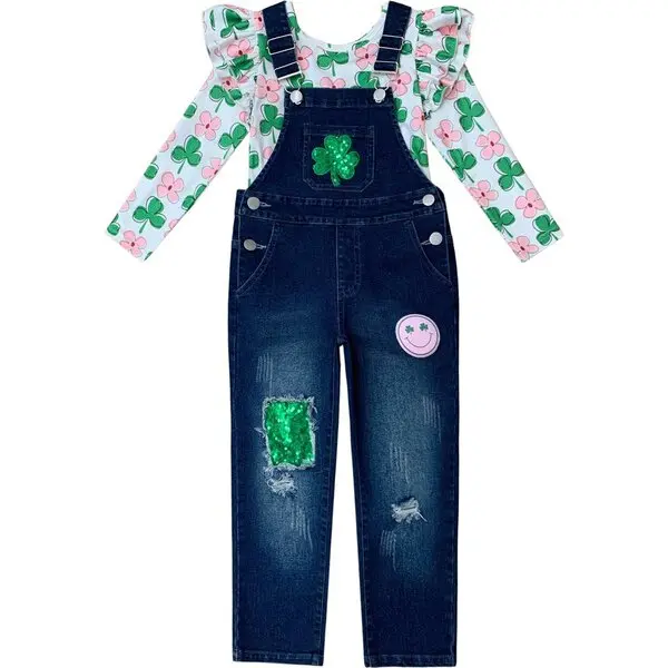 MIA BELLE GIRLS Sequin Patched Overall Set - Denim