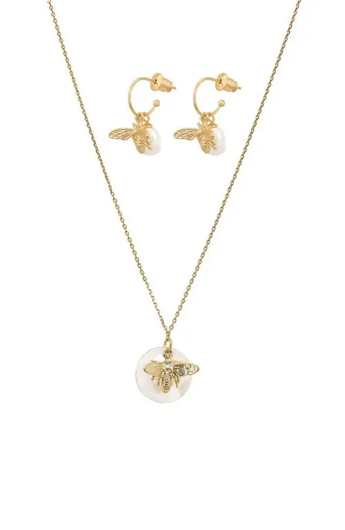 BEARFRUIT JEWELRY Sterling Bee Pearl Necklace And Earring Set - Gold