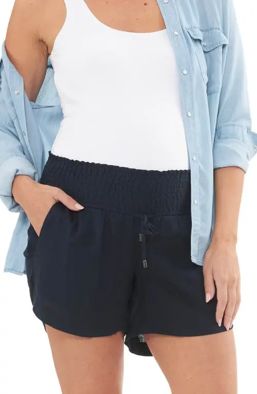 RIPE MATERNITY Indi Shirred Waist Linen Blend Shorts - Navy