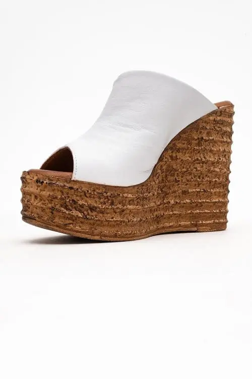 FOREVER & ALWAYS SHOES Leather Platform Wedge Sandals - White Leather
