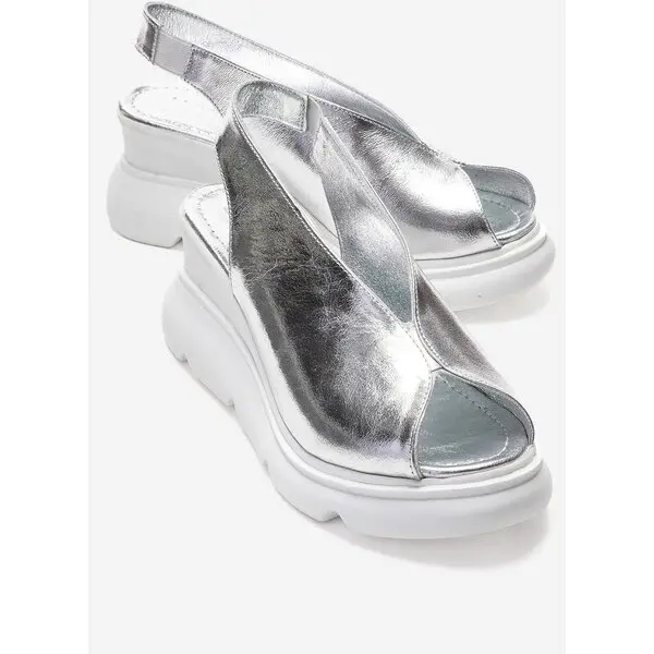 FOREVER & ALWAYS SHOES Leather Platform Wedge Sandals - Silver