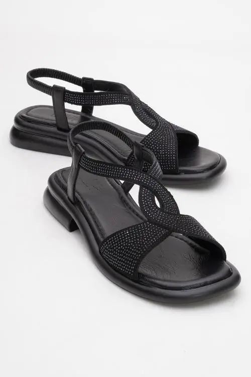 FOREVER & ALWAYS SHOES Sieglinde Embellished Leather Sandal - Black Leather
