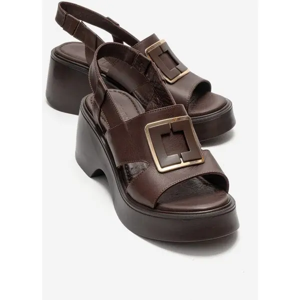 FOREVER & ALWAYS SHOES Leather Buckle Platform Sandal - Brown