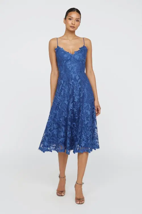 Theia Ainslie Lace Cocktail Midi Dress