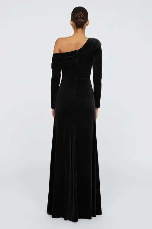 Theia One-shoulder Fit-and-flare Velvet Gown