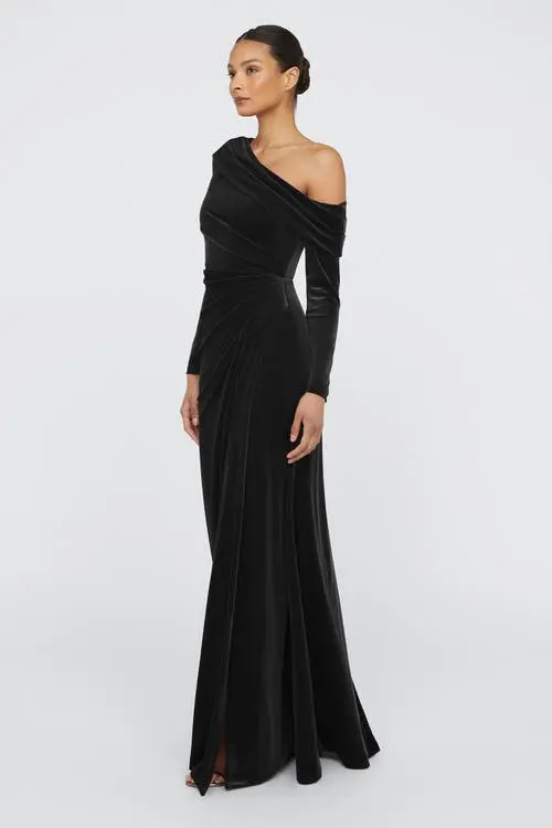 Theia One-shoulder Fit-and-flare Velvet Gown