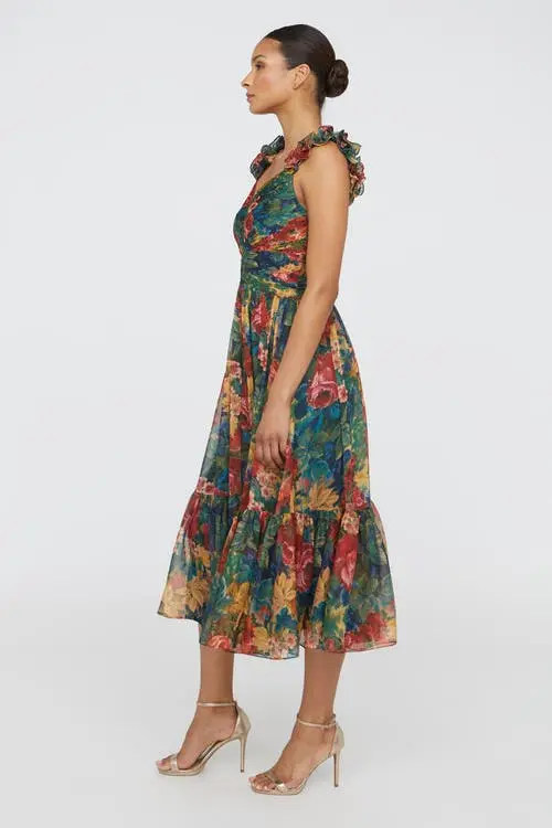 Theia Tate Ruffle Shoulder Midi Dress