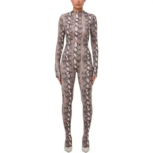 Naked Wardrobe Animal Print Jumpsuit - Beige Snakeskin