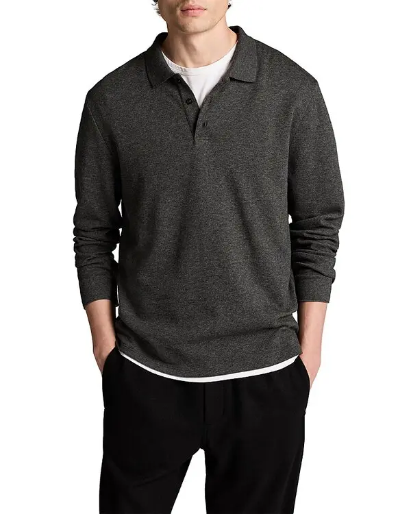 Vince Heathered Double Face Long Sleeve Polo Shirt - Medium Grey/night Leaf