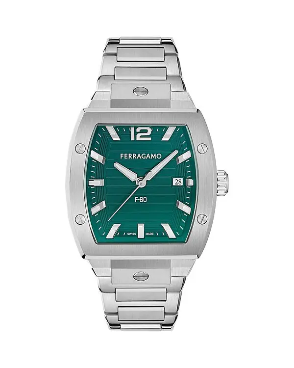 FERRAGAMO F-80 Tonneau Watch, 42 X 41.8mm - Green/silver