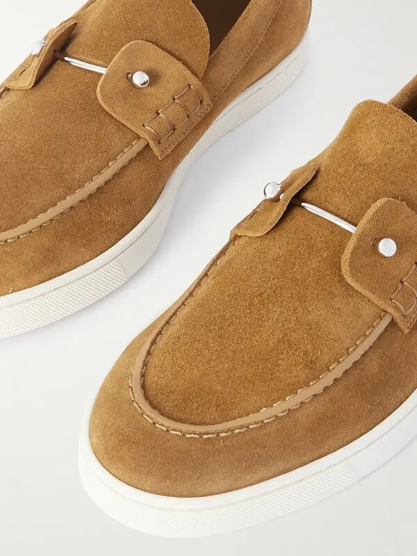 CHRISTIAN LOUBOUTIN Embellished Suede Boat Shoes - Brown
