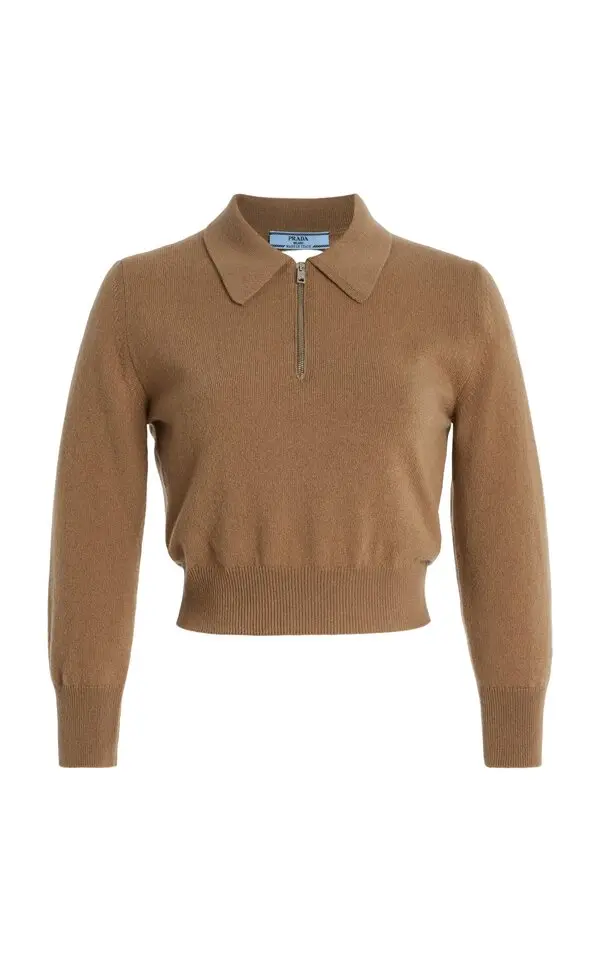 Prada Cutout Cropped Cashmere Polo Sweater - Tan