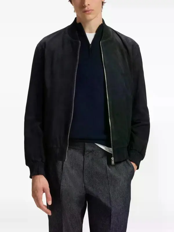 BOSS Suede Bomber Jacket With Zip Front - Blue