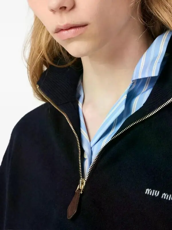 Miu Miu Cashmere Half-zip Sweater With Suede Patches - Blue