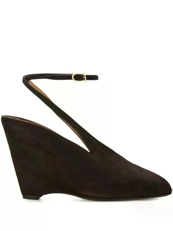 FERRAGAMO Suede Peep-toe Wedge Pumps With Ankle Strap - Brown