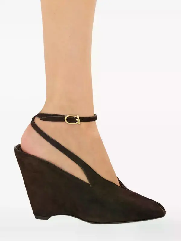 FERRAGAMO Suede Peep-toe Wedge Pumps With Ankle Strap - Brown