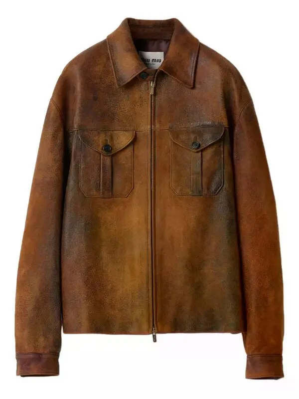 Miu Miu Embossed Logo Leather Jacket - Brown