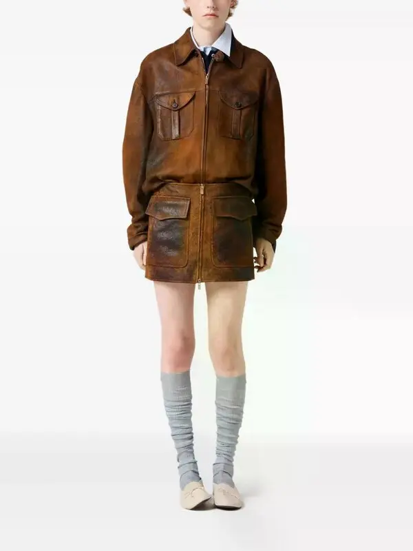 Miu Miu Embossed Logo Leather Jacket - Brown