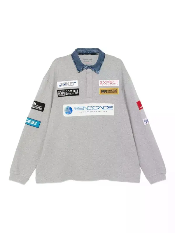 Martine Rose Denim-collar Logo-patch Polo Shirt - Grey