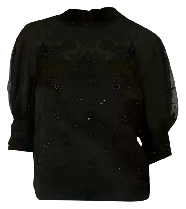 Farm Rio Beaded Floral-embroidered Top - Black