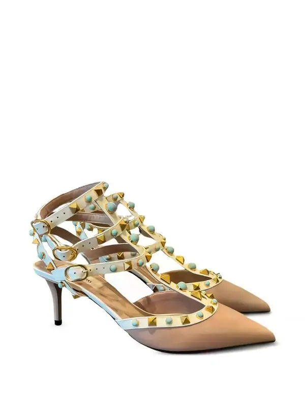 Valentino Garavani Studded Leather Lace-up Stiletto Heel Shoes - Neutrals