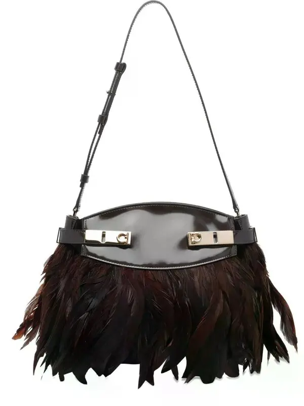 FERRAGAMO Hug Soft Feather-trimmed Leather Shoulder Bag - Brown