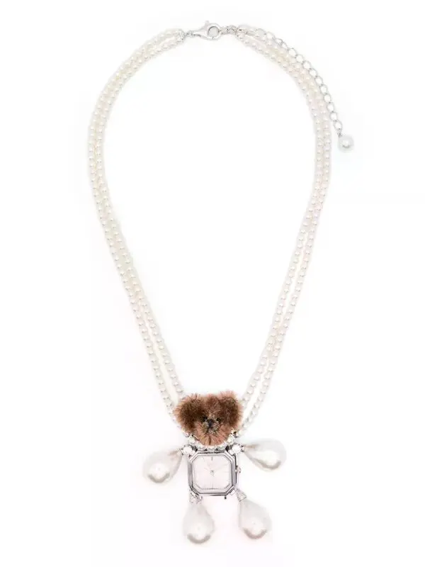 YVMIN Teddy Bear And Faux Pearl Necklace - White