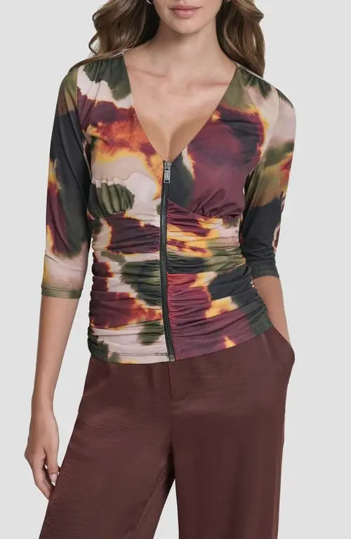 Dkny Ruched Knit Zip-up Top - Ink Diffusion