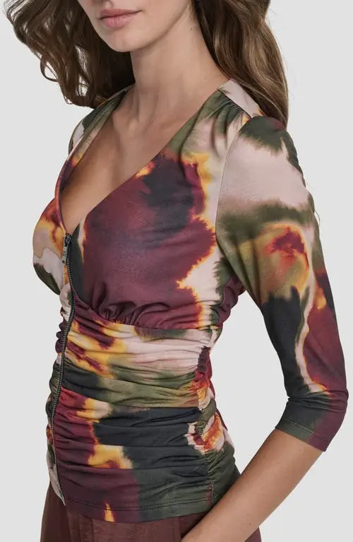Dkny Ruched Knit Zip-up Top - Ink Diffusion