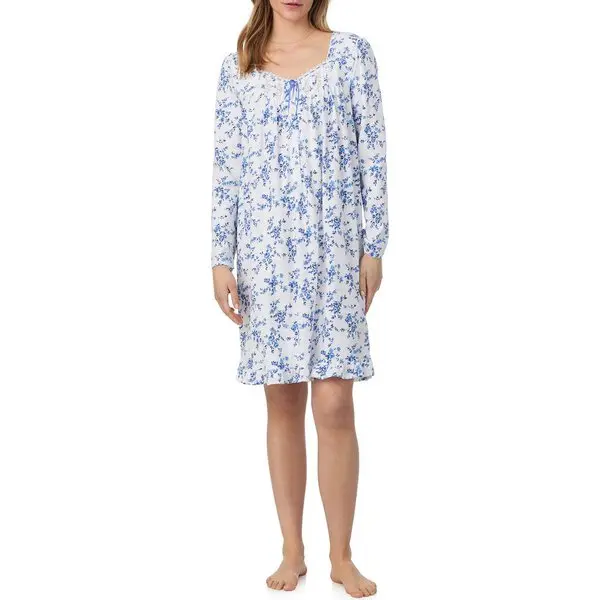 Eileen West Long Sleeve Cotton Jersey Short Nightgown - White/navy