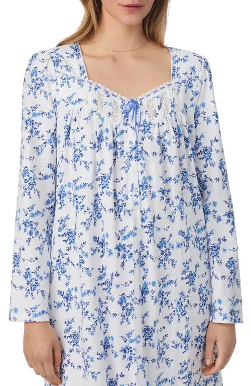 Eileen West Long Sleeve Cotton Jersey Short Nightgown - White/navy