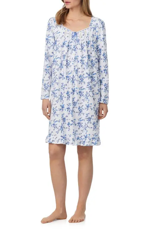 Eileen West Long Sleeve Cotton Jersey Short Nightgown - White/navy